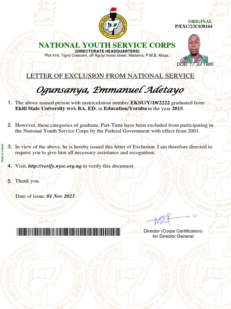 NYSC Exclusion Letter for 2023 | PDF