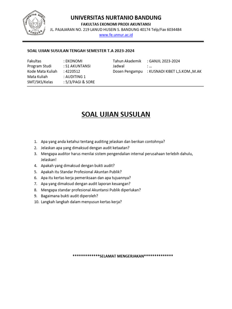 Soal Uts Auditing 1 - Susulan Ta.2023-2024 | PDF