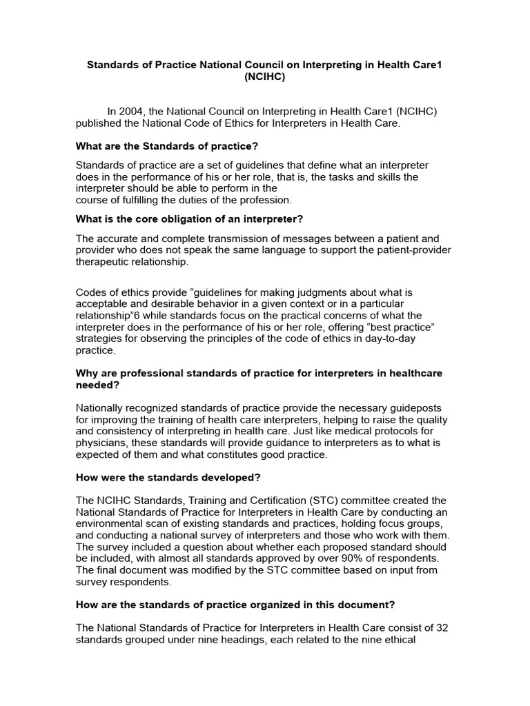 Standards of Practice | PDF | Language Interpretation | Health Care