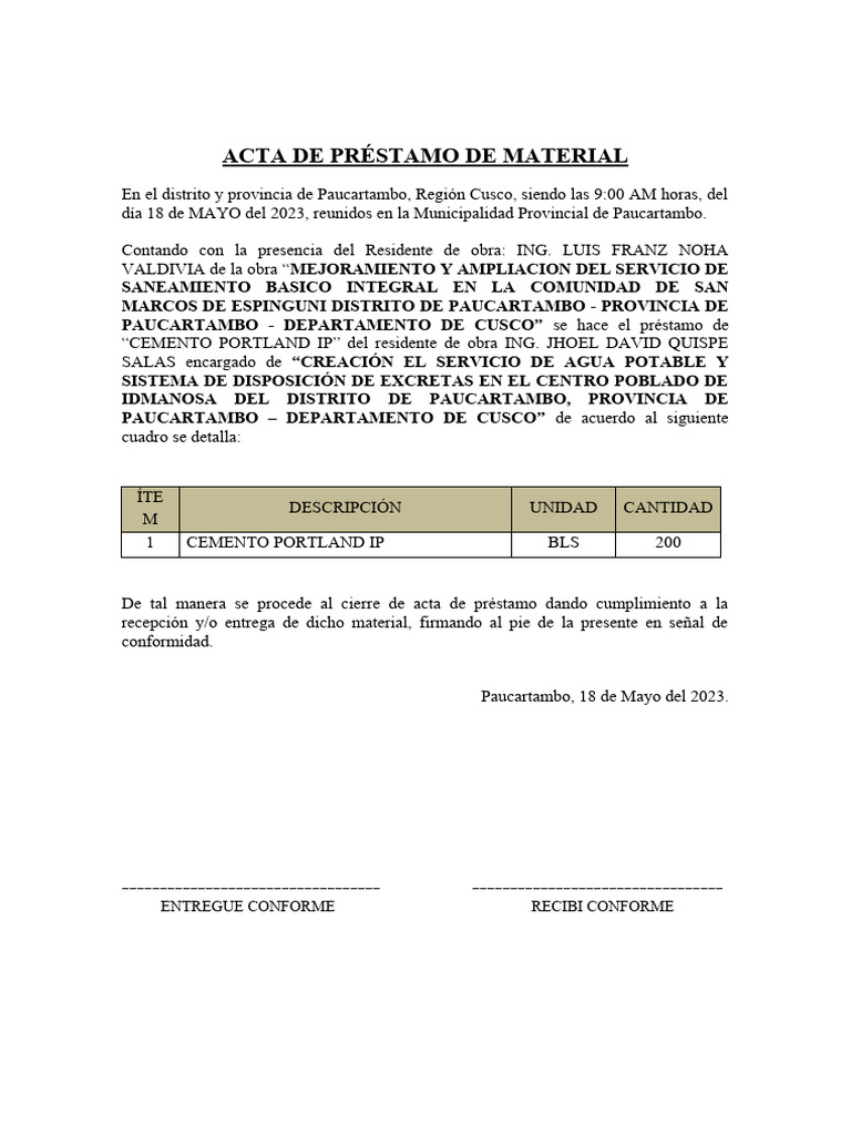 Acta de Prestamo de Material | PDF