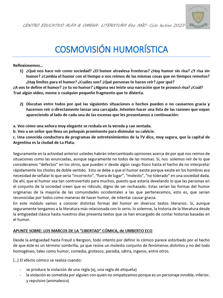 Cosmovisión Humorística Cuadernillo 6to Alfa 2023 | PDF | Humor | La risa