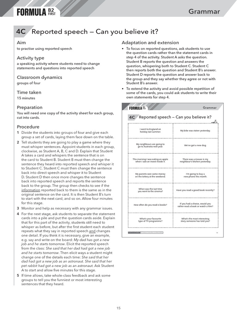 Reported Speech Activity for B2 Students | PDF | Question | Human ...