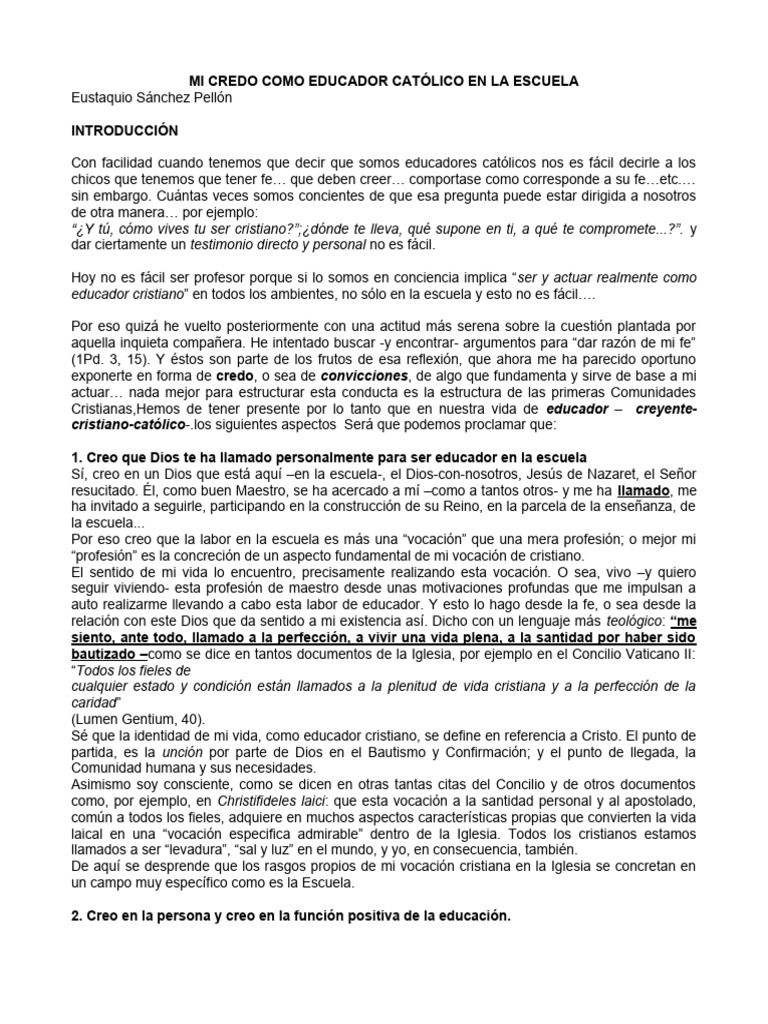 MI CREDO COMO EDUCADOR CATÓLICO EN LA ESCUELA doc #3 | PDF | Fe ...