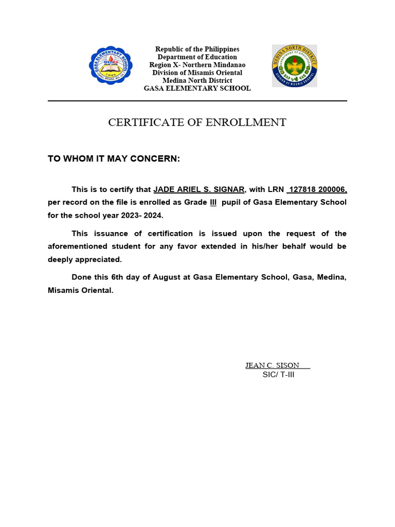 Certificate of Enrollment | PDF