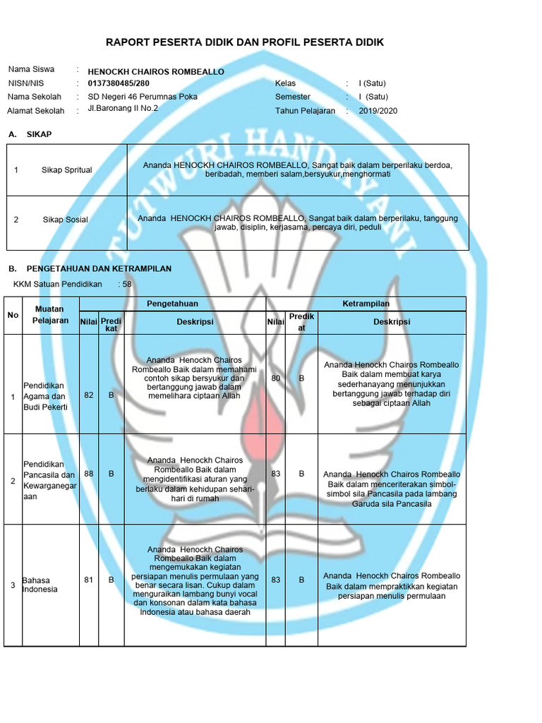 Rapor Kelas 1 Semester 1 Menggunakan Background Tutwuri Handayani | PDF