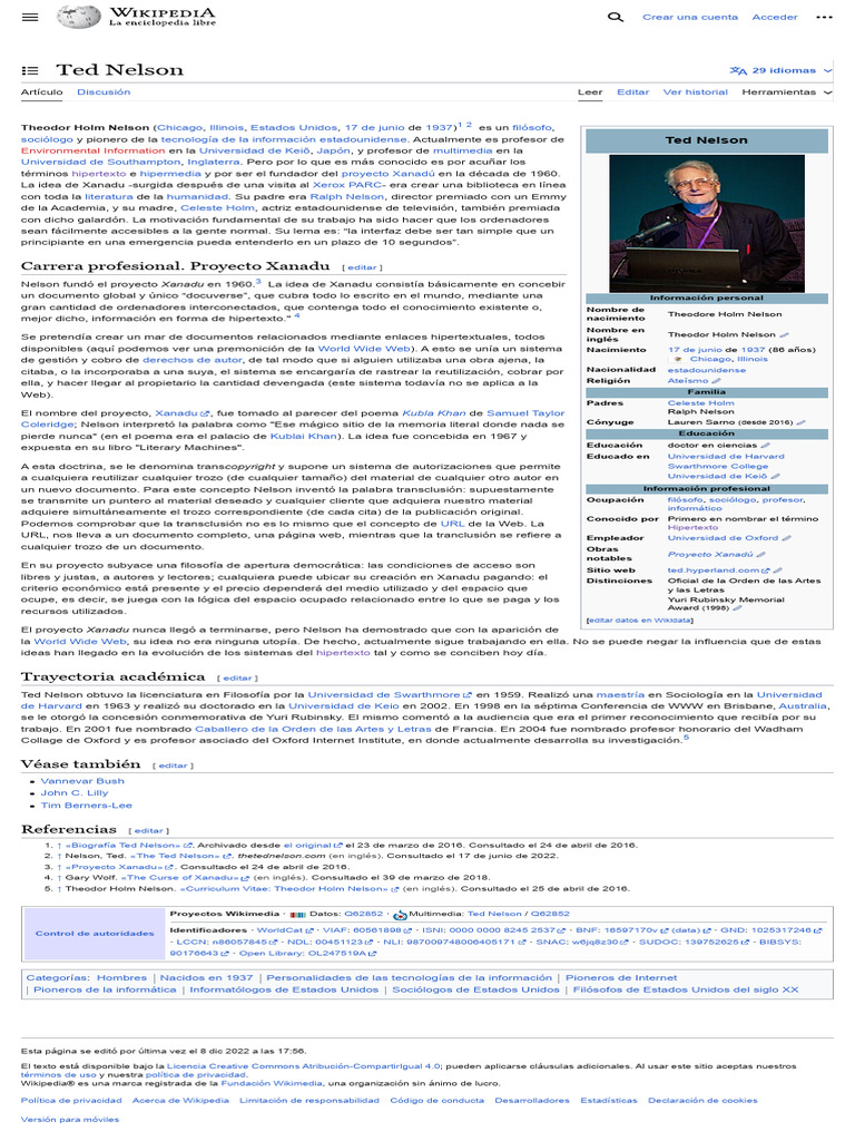 Ted Nelson - Wikipedia, La Enciclopedia Libre | PDF | ciberespacio | Internet