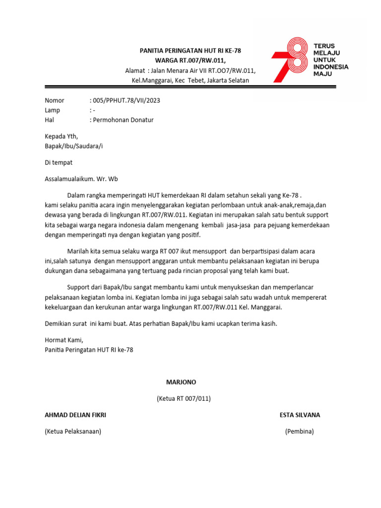 Permohonan Donatur Hut Ri 78 RT 007 | PDF