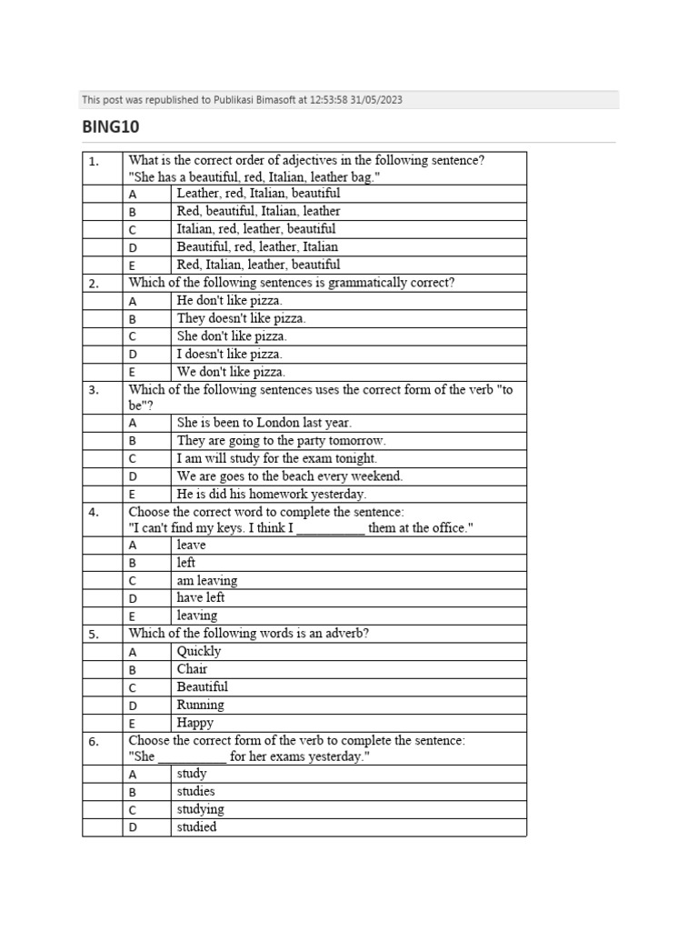 Soal Bing 10 Siap | PDF | Verb | Plural