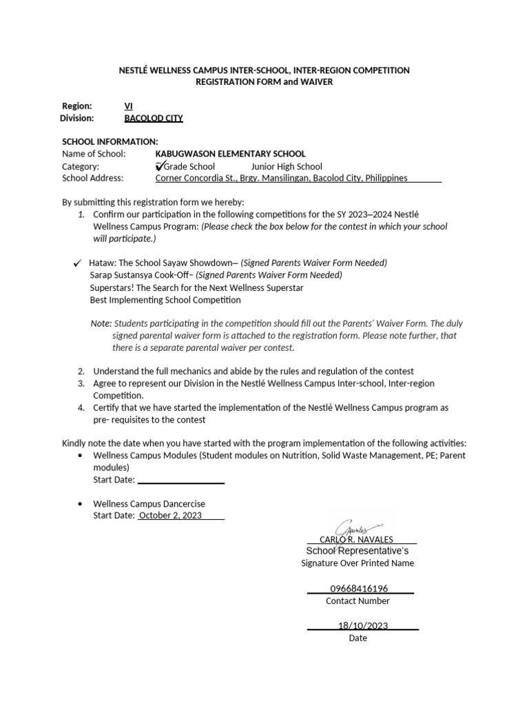 2023 NWCP Registration Form - KABUGWASON ES | PDF