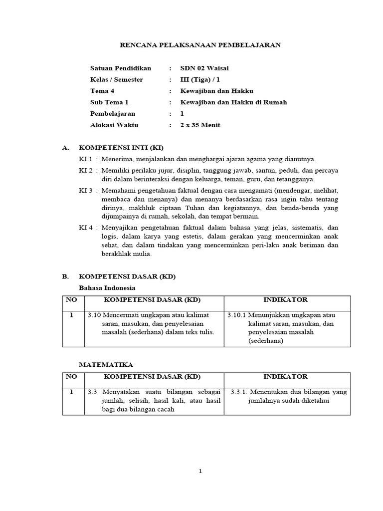 RPP K3 Tema 4 ST 1 Rev. 2018 | PDF