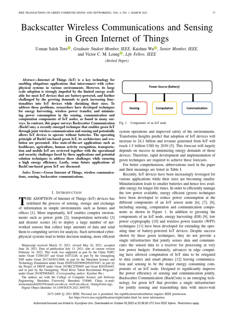 Backscatter Wireless Communications and Sensing in Green Internet of Things | Download Free PDF ...