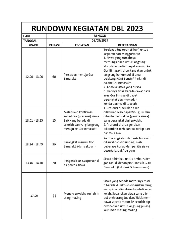 Rundown Kegiatan DBL 2023 | PDF