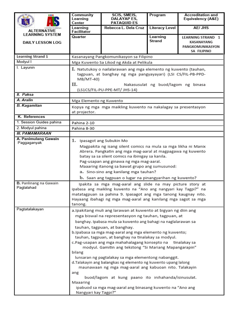 LS1 Filipino Module 1 Lesson 1 LP | PDF