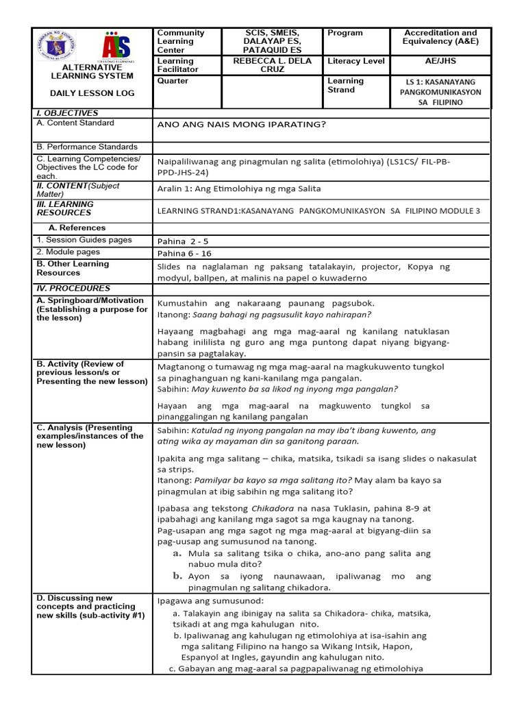 Ls1 Filipino Module 3 Lesson 1 LP | PDF