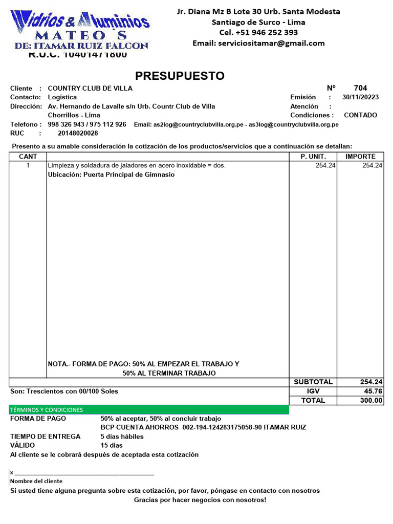 Cotización de Servicios para Country Club | PDF