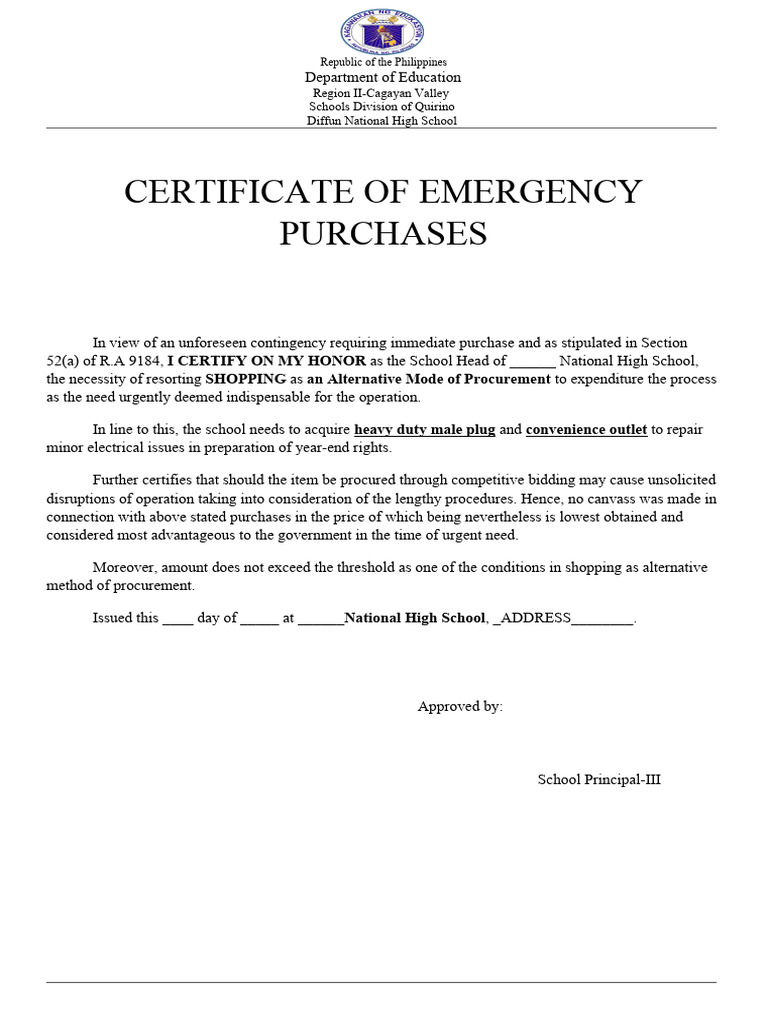 Certificate of Emergency Purchases | PDF