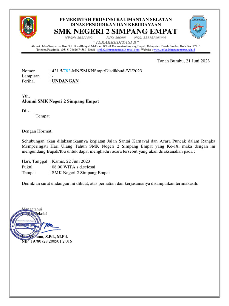 Undangan HUT SMK Negeri 2 Simpang Empat | PDF