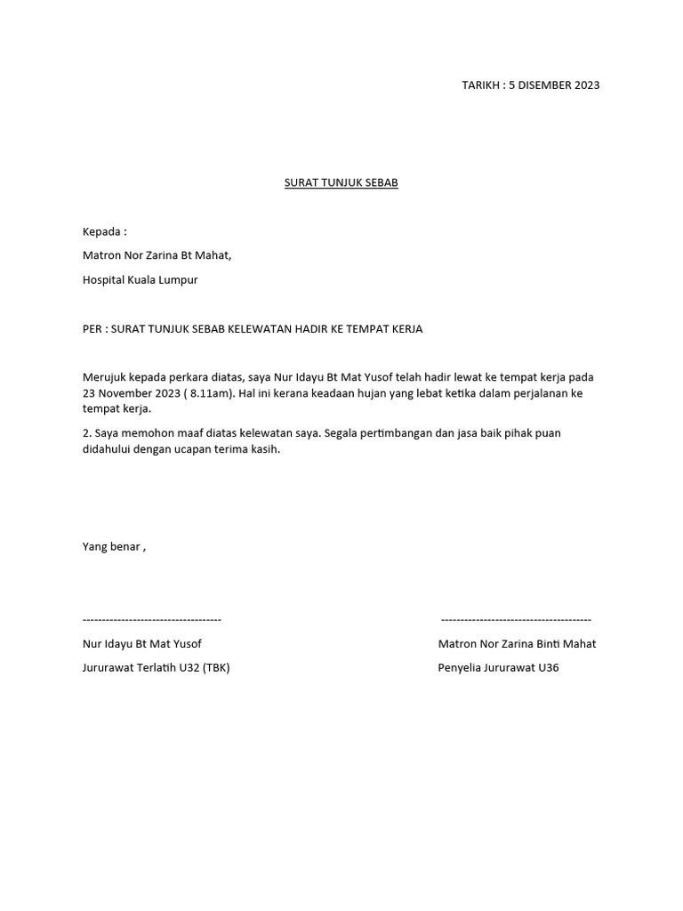 Surat Tunjuk Sebab Kelewatan Hadir Kerja | PDF