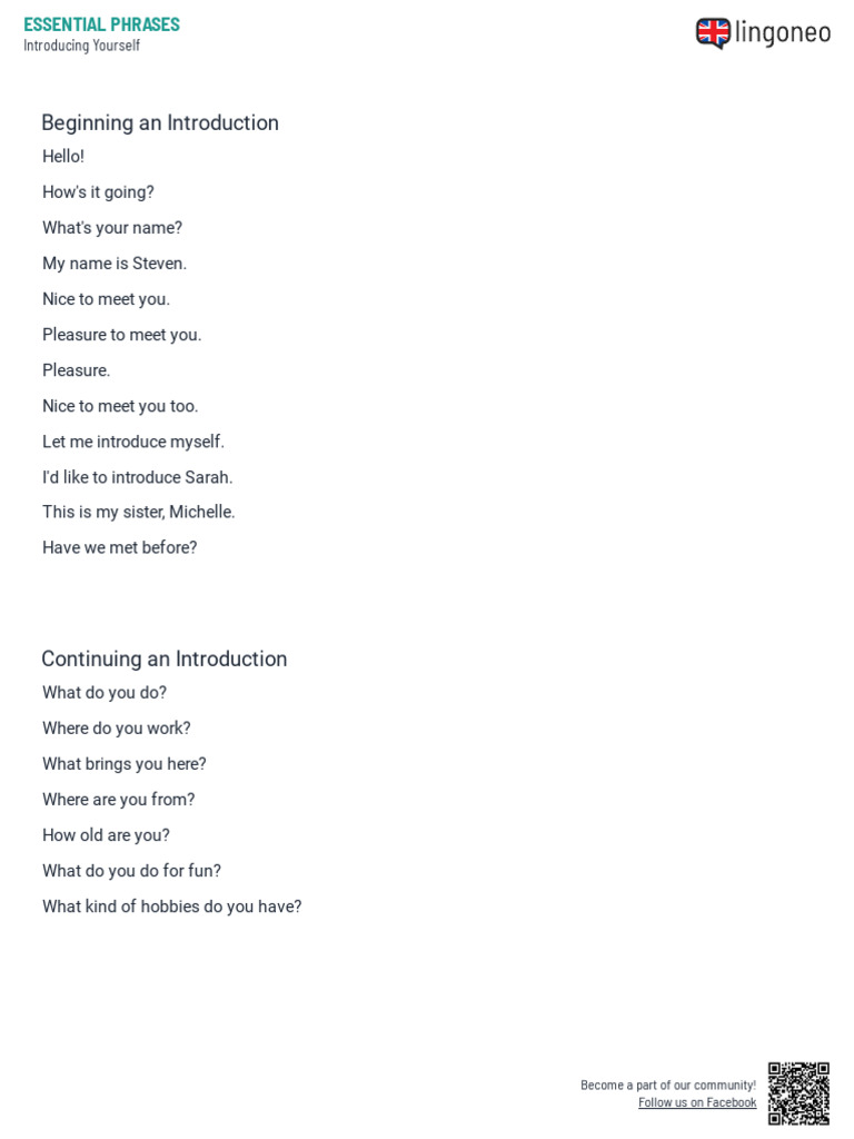 Introducing Yourself - Phrases List | PDF | Lifestyle