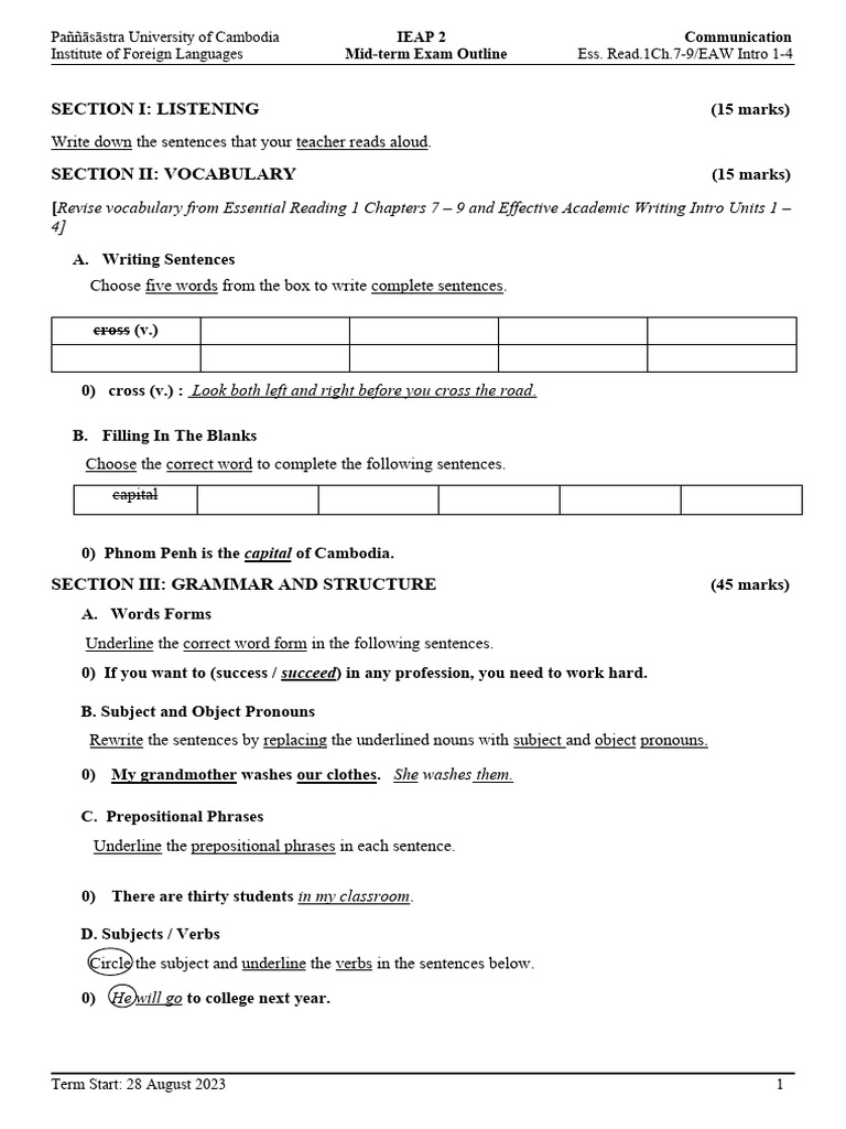 IEAP 2 Mid-term Exam Outline | PDF | Subject (Grammar) | Verb