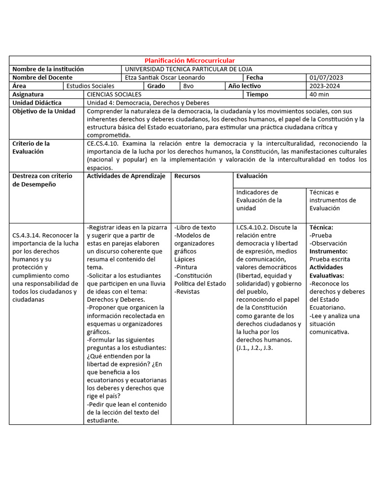 Planificación Microcurricular Descargar Gratis Pdf Democracia