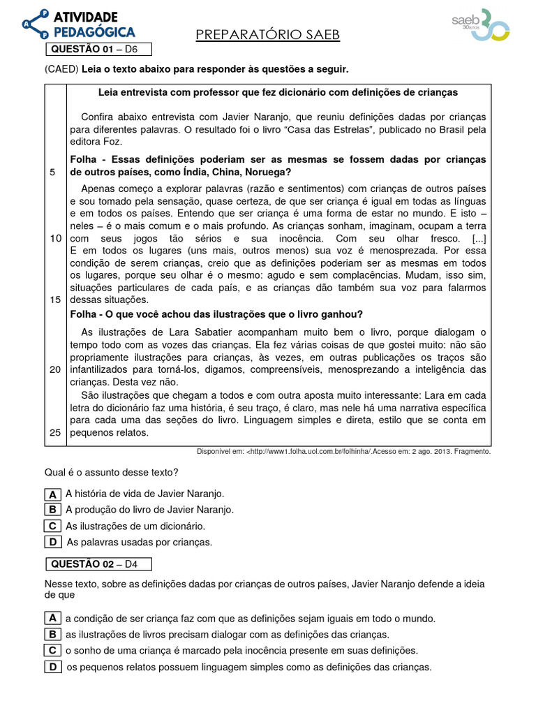 Simulado 03 (SAEB) Português - 9º Ano | PDF