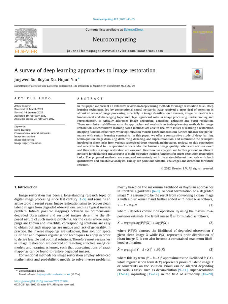 A Survey Of Deep Learning Approaches To Image Restoration Pdf Deep