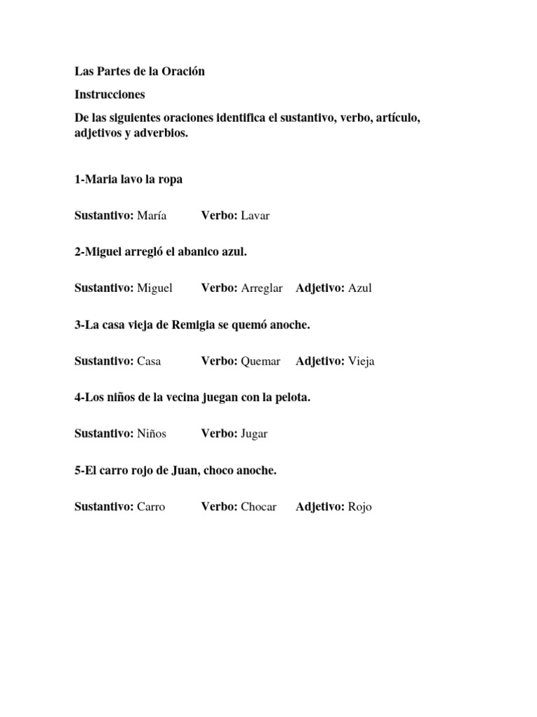 Las Partes de La Oración Ejercicio | PDF