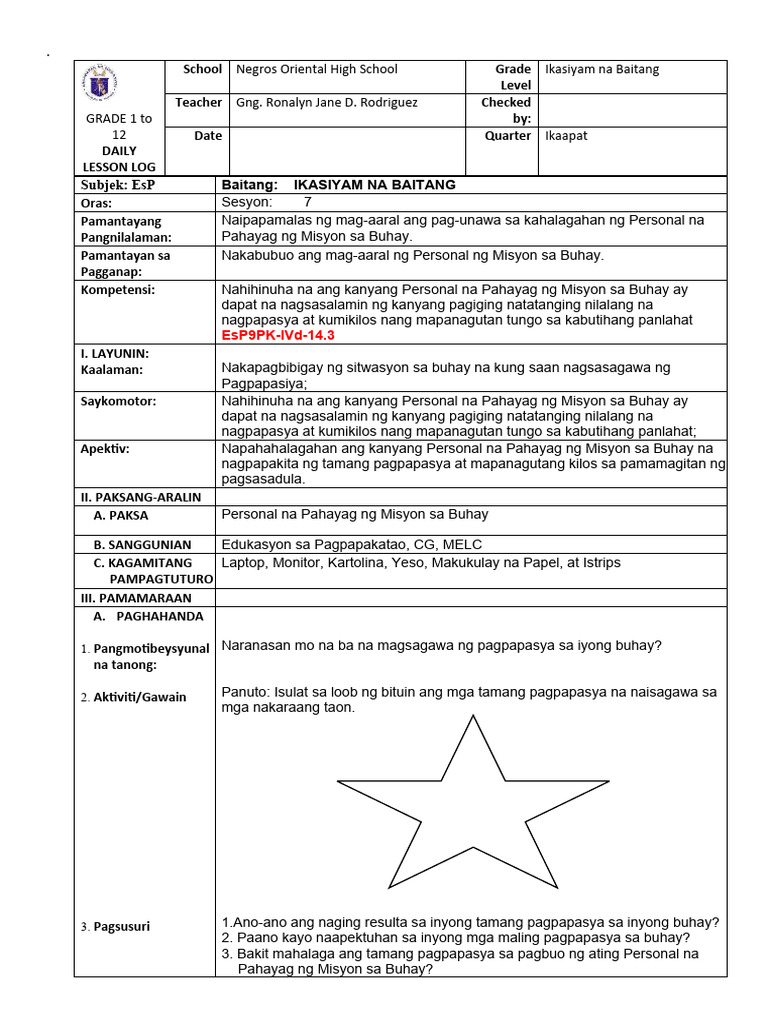 NegOr - EsP9 - Lesson Plan - Q4 - Week 7 | PDF