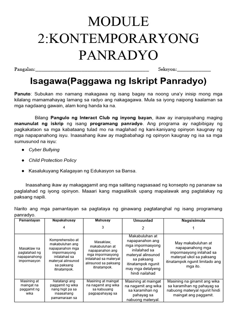 2:kontemporaryong Panradyo: Isagawa (Paggawa NG Iskript Panradyo) | PDF