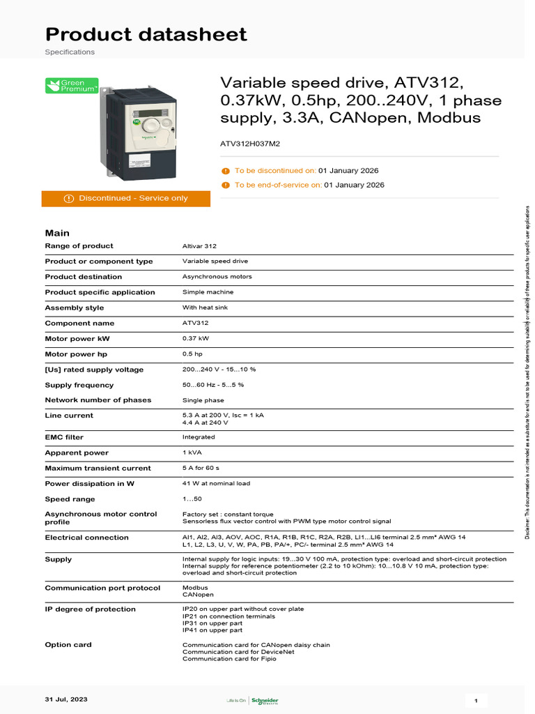 ATV312 Variable Speed Drive Datasheet | PDF | Electric Motor | Relay