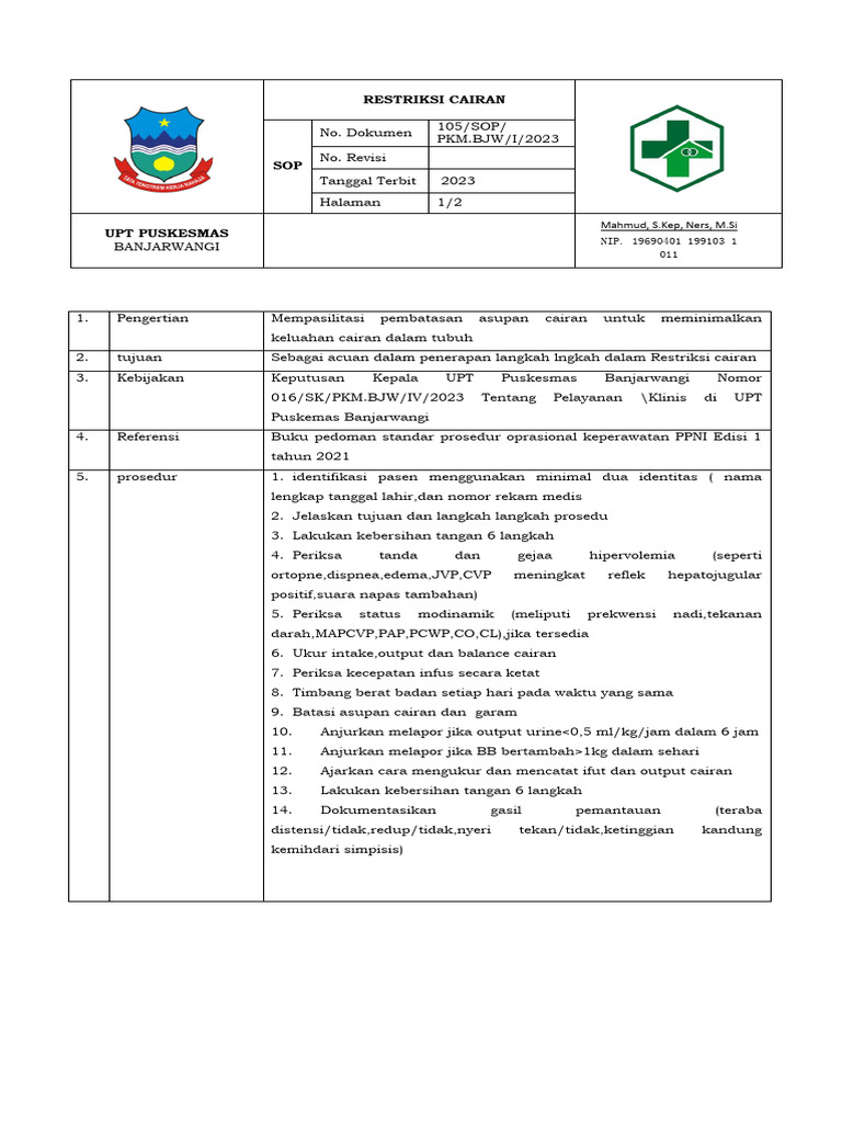 Sop Restriksi Cairan | PDF