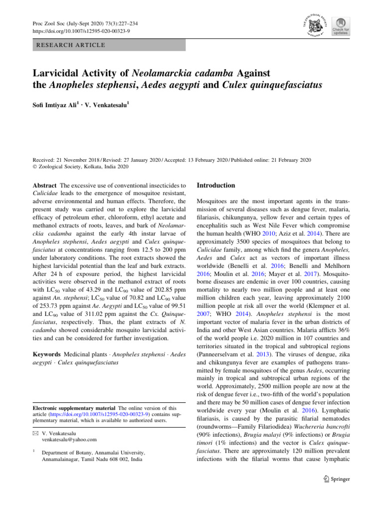 Larvicidal Activity of Neolamarckia Cadamba Against The Anopheles ...