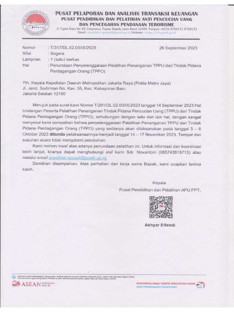 Surat Kapusdiklat APU PPT Perihal Penundaan Penyelenggaraan Pelatihan Penanganan TPPU Dari TPPO ...
