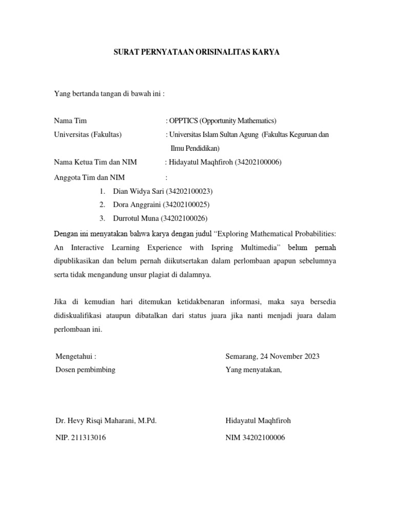 Surat Pernyataan Orisinalitas Karya | PDF | Komputer