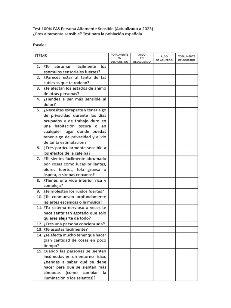 Test PAS (Persona Altamente Sensible) | PDF | Sicología