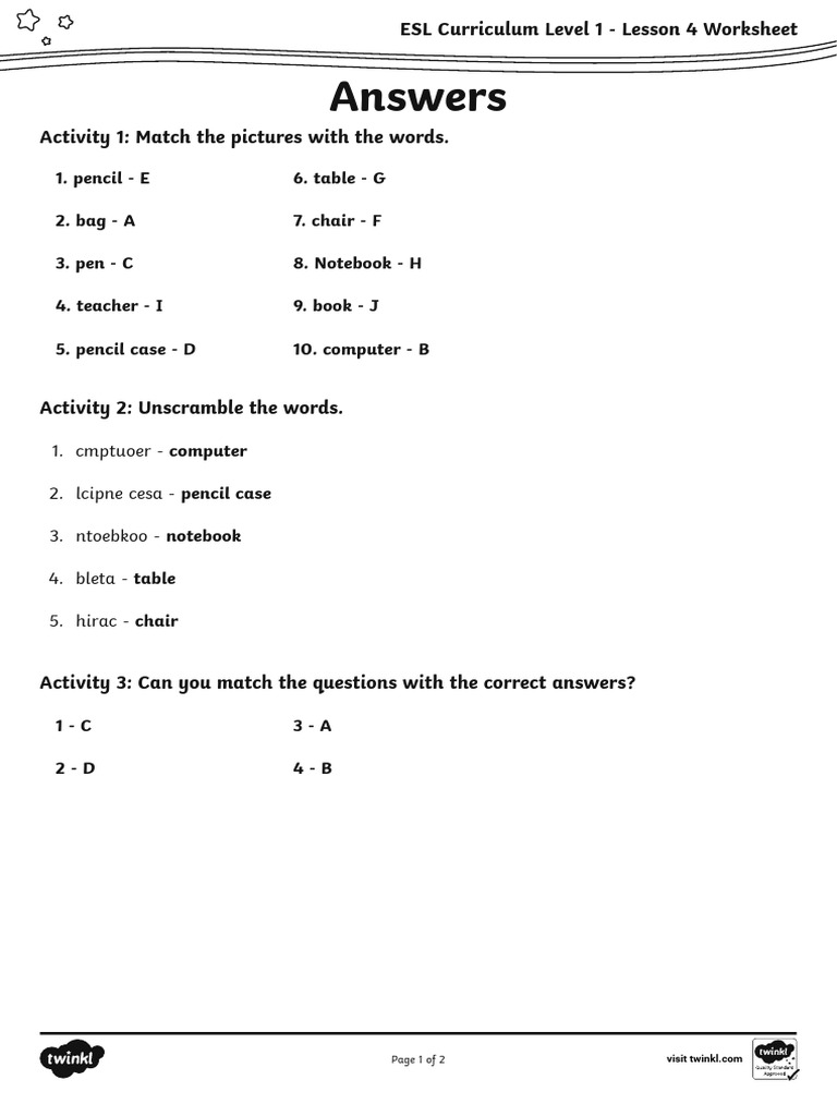 Lesson 4 - Level 1 Interactive Worskheet Answers | PDF