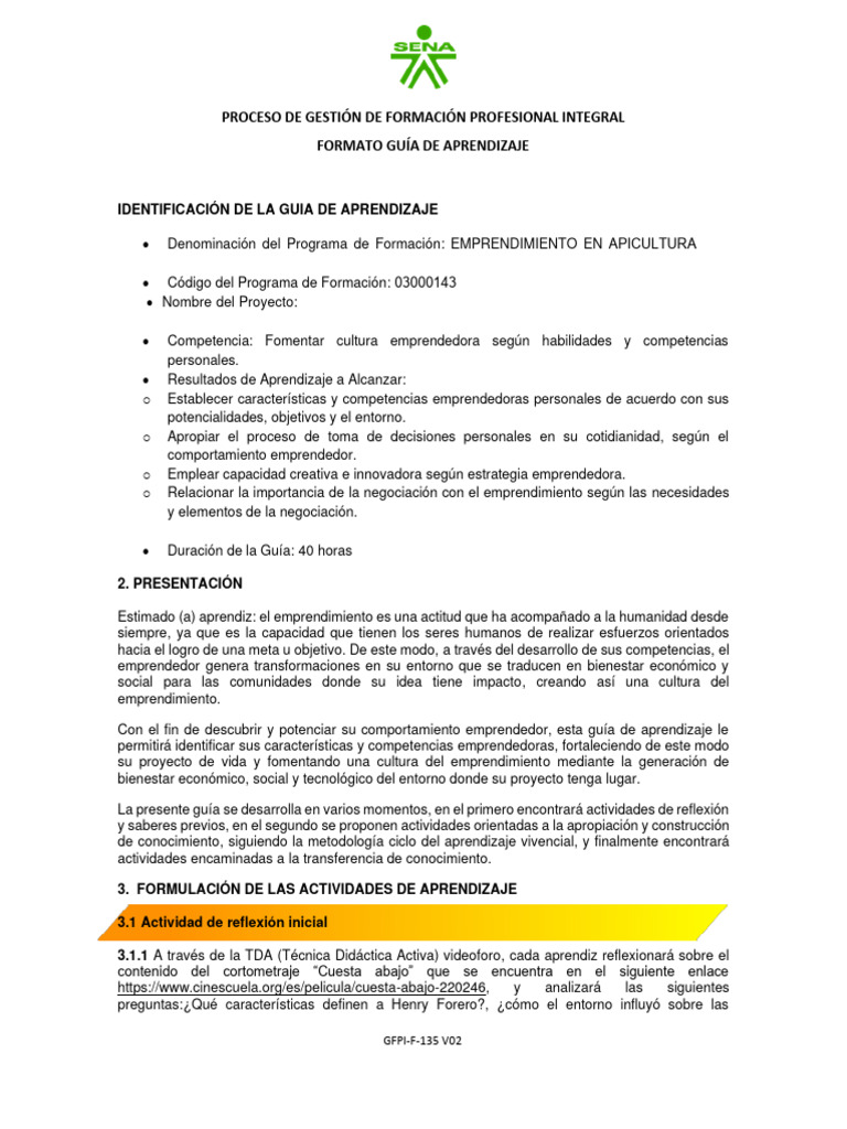 GUIA DE APRENDIZAJE 1 - Fomentar | PDF | Iniciativa empresarial | Aprendizaje