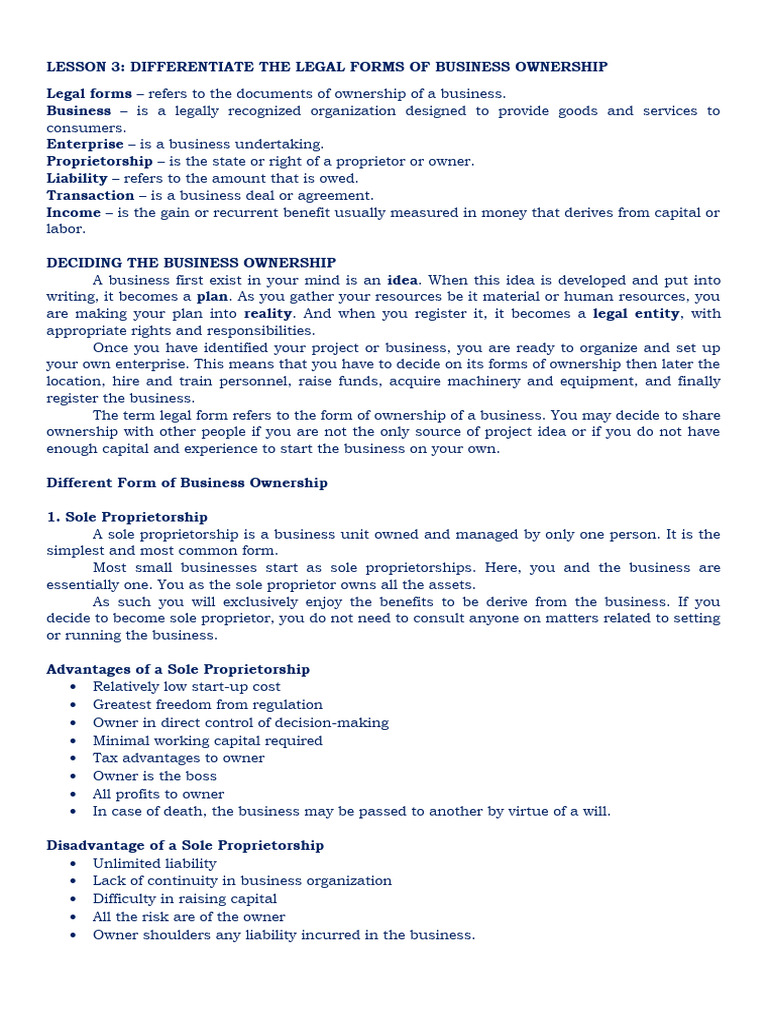 Entrep 9 Lesson 3 Differentiate The Legal Forms of Business Ownership | PDF | Partnership ...