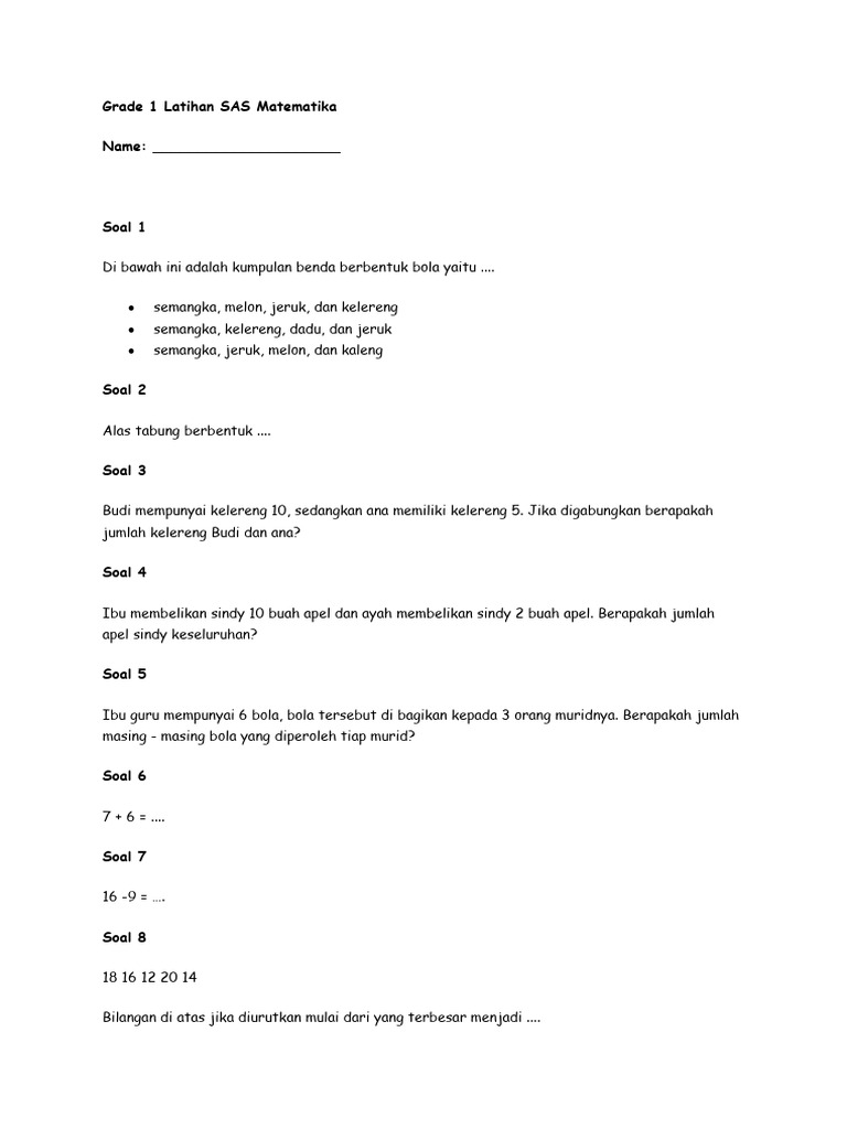 Grade 1 Latihan SAS Matematika | PDF | Metode & Bahan Ajar