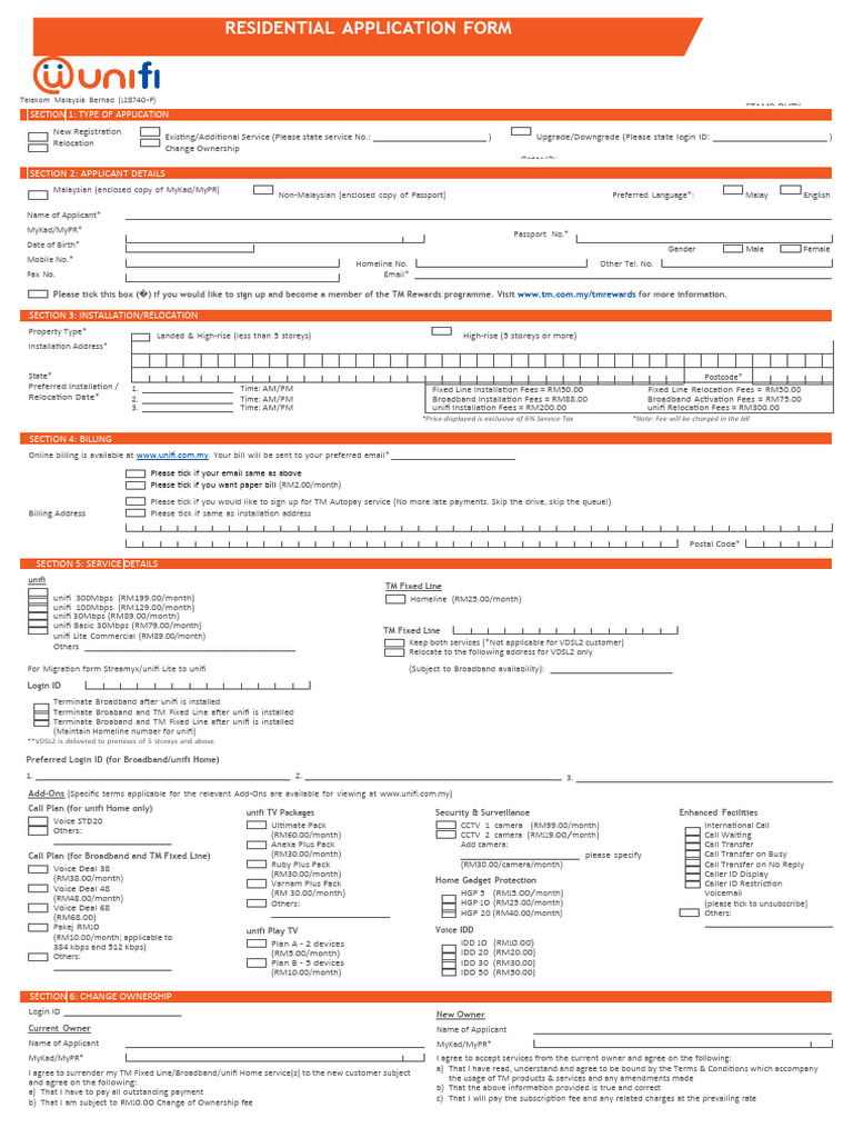 Unifi Residential Application Form | PDF | Internet | Service Industries