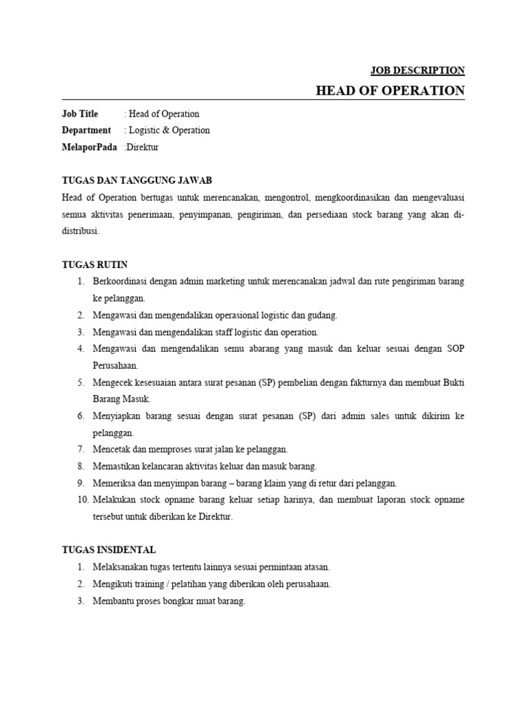 Deskripsi Pekerjaan Head of Operation | PDF