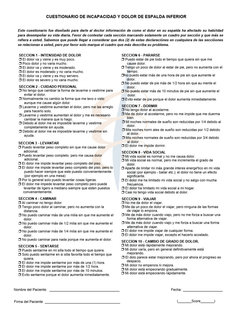 Modified Oswestry Disability Index SPANISH | PDF