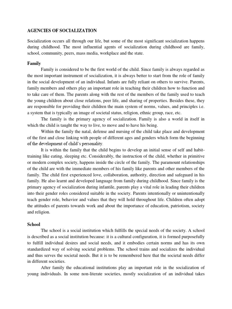 Agencies of Socialization | PDF | Socialization | Family