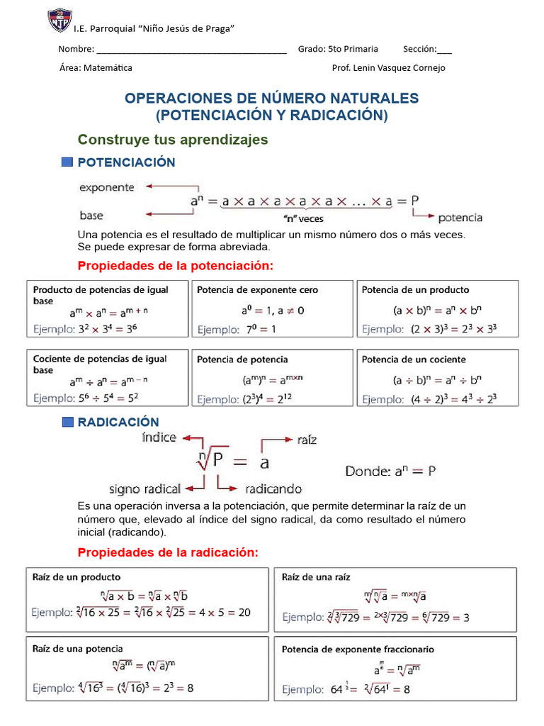 Operaciones de Numeros Naturales (Potenciacion y Radicacion) | PDF | Exponenciación | Matemáticas