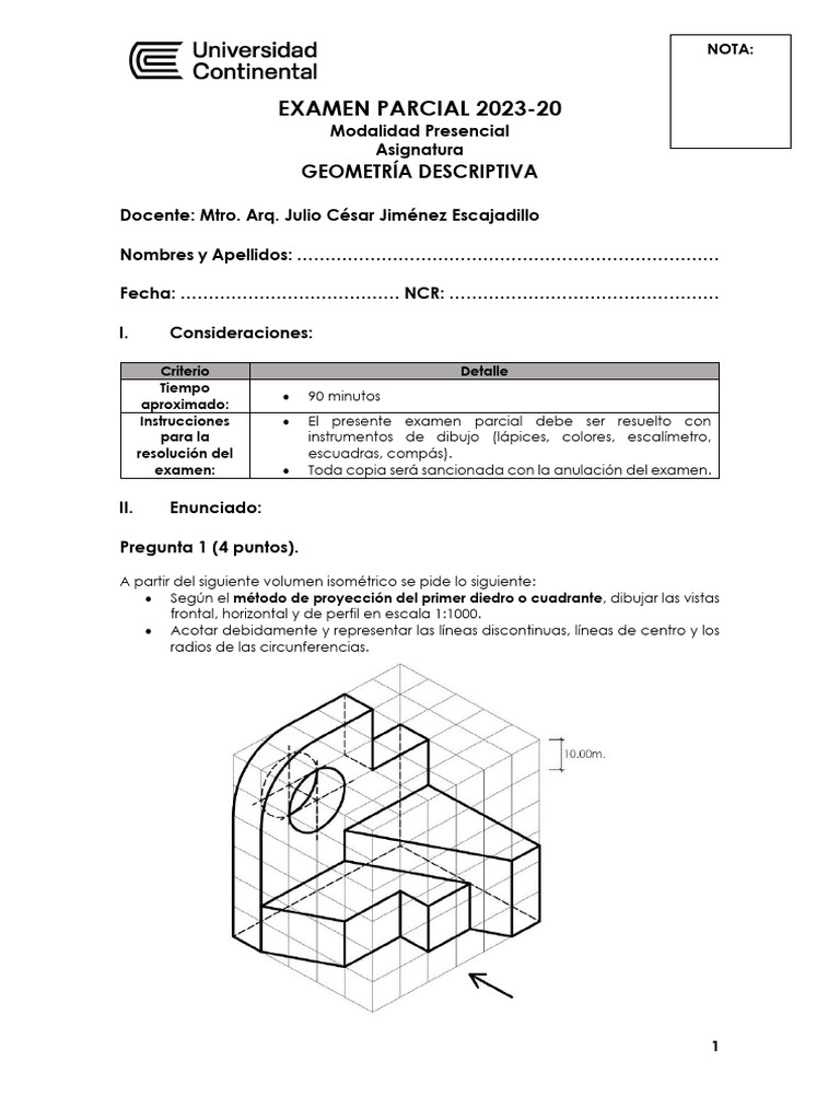 Examen Parcial de Geometría Descriptiva | PDF | Matemáticas | Geometría