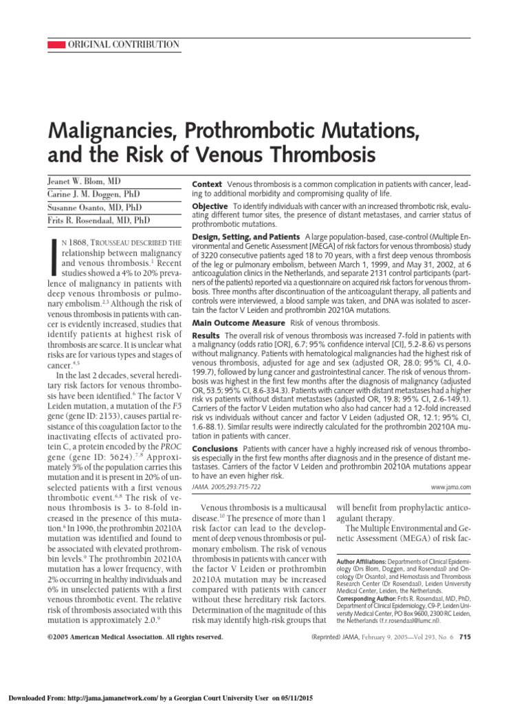 Blom JW - Malignancies, Prothrombotic Mutations, and The Risk of Venous ...