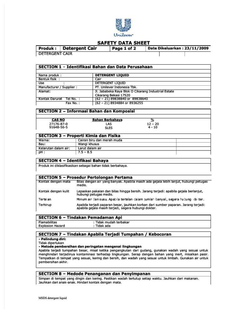MSDS Deterjen Cair Unilever | PDF | Pengembangan Diri