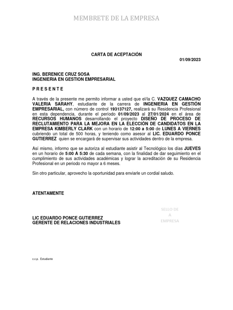 Carta Aceptacion | PDF | Crecimiento personal y profesional | Negocios