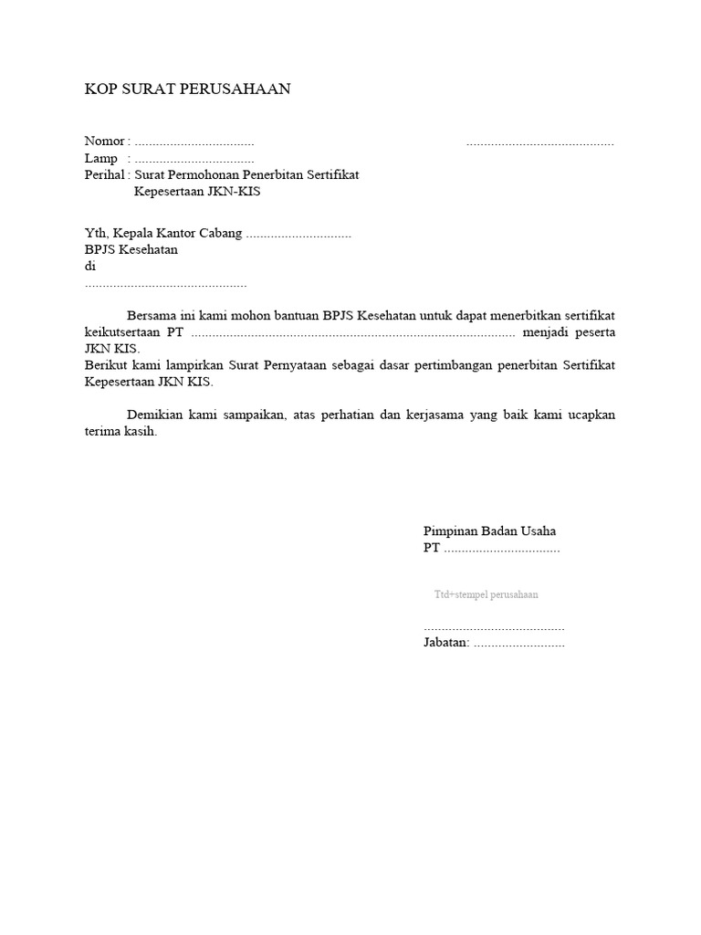 Surat Permohonan Sertifikat Kepesertaan JKN Kis | PDF